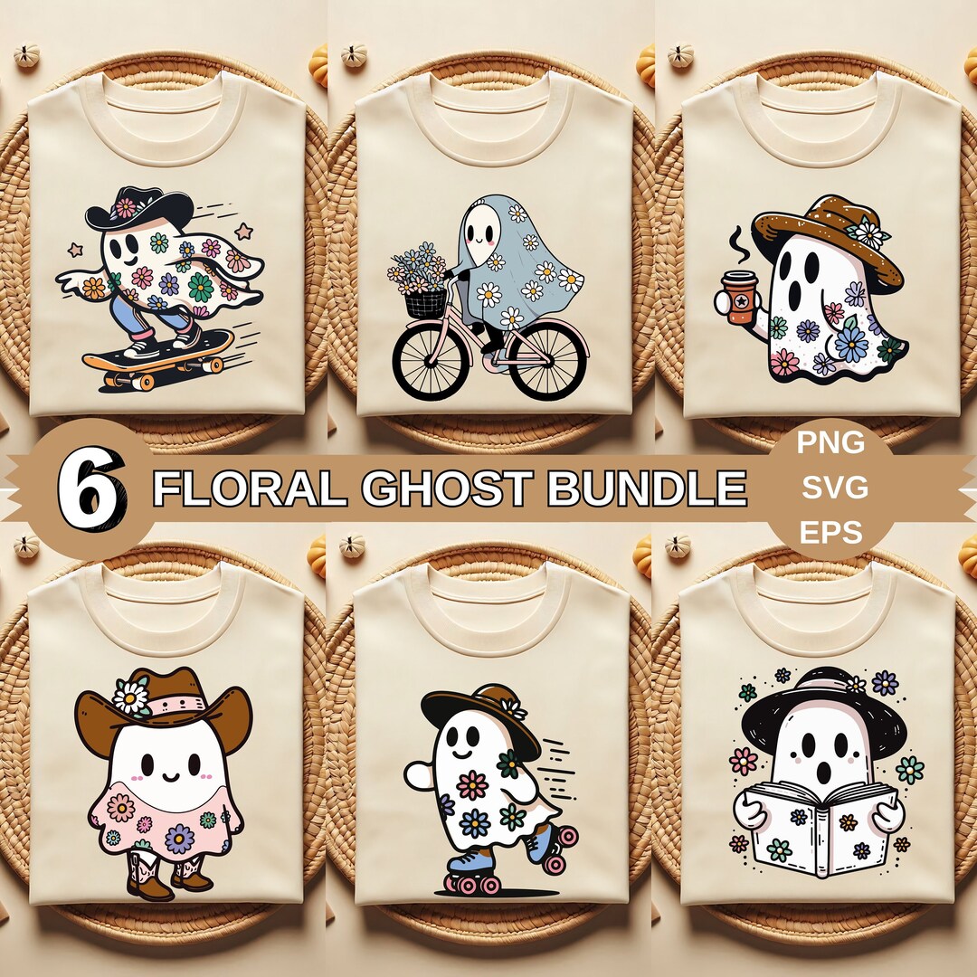 Retro Floral Cute Ghost Svg Bundle, Ghost Halloween Png Bundle, Daisy ...