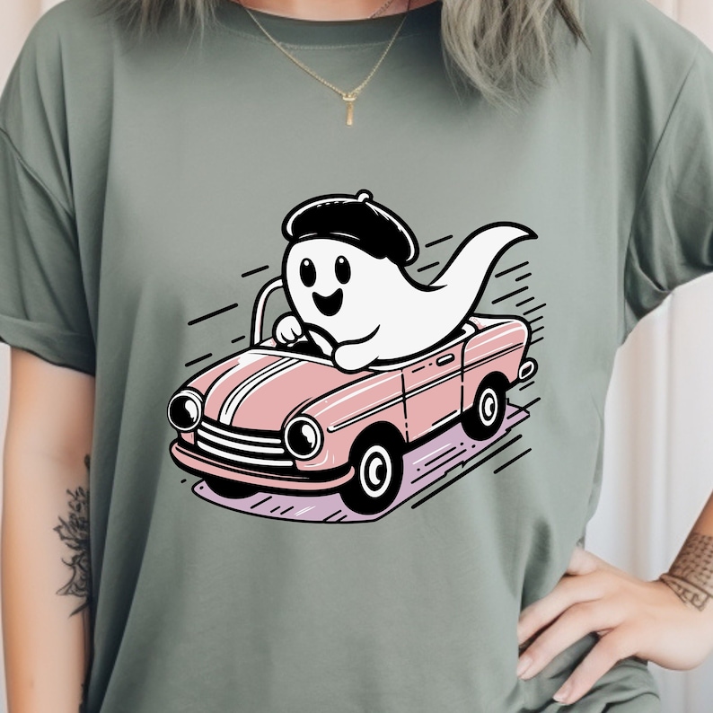 Retro Cute Ghost Driving Car Svg Png, Retro Cute Ghost Halloween Svg ...