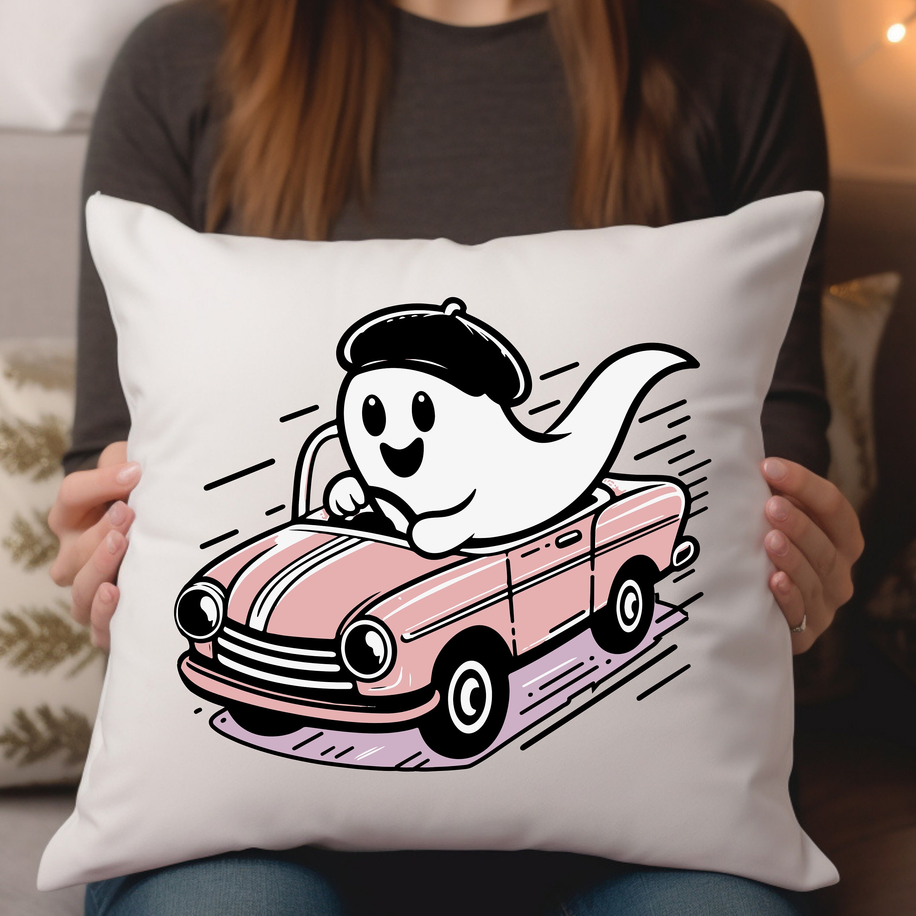 Retro Cute Ghost Driving Car Svg Png, Retro Cute Ghost Halloween Svg ...