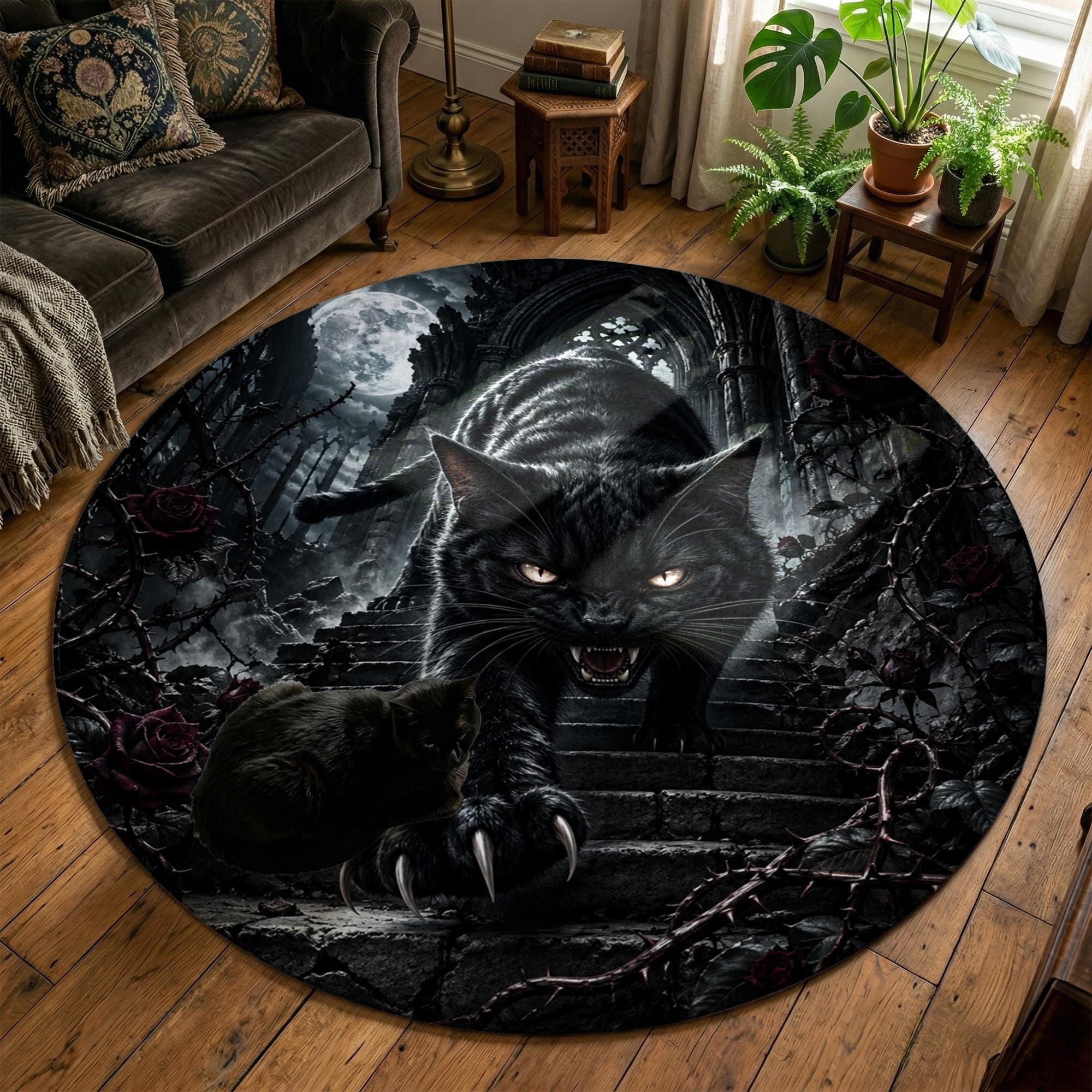 Gothic 3D Black Cat Rug, Dark Fantasy Feline Carpet With Moonlit Ruins ...