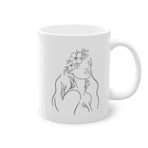 Flowery Boho Girl Mug - Woman Line Art Mug | Ceramic Coffee Cup, Gift ...