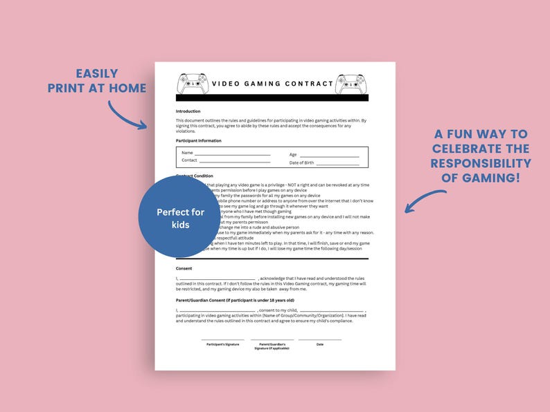Video Game Contract Printable for Teens · Family Tech Agreement ...