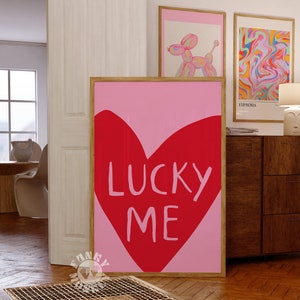 Lucky Me Trendy Preppy Wall Art Print, Pink Red Heart Printable Poster ...