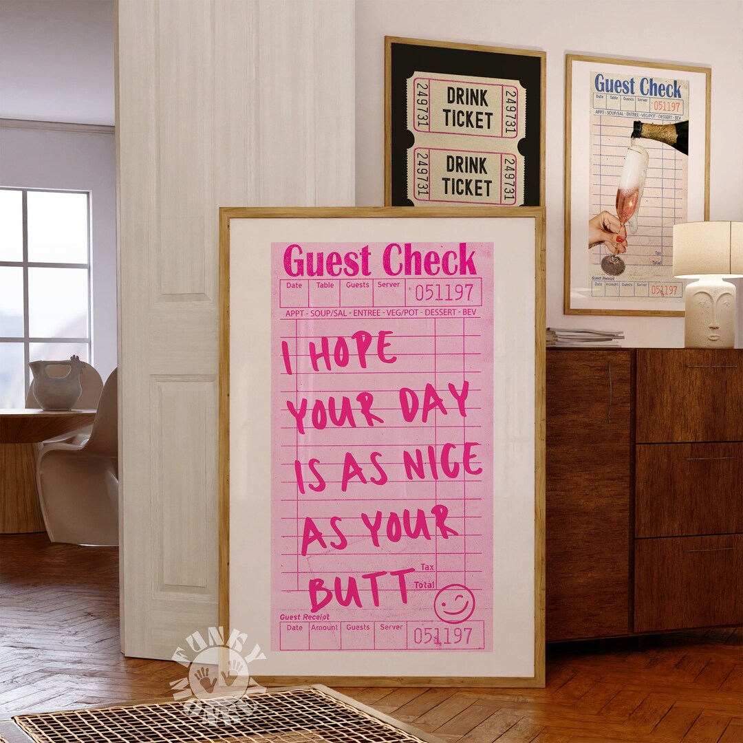 Retro Guest Check Print, Trendy Wall Art, Printable Art, Pink Preppy ...