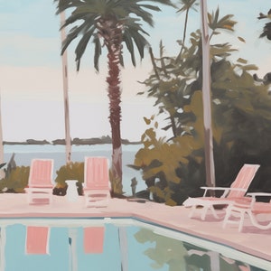 Swimming Pool Art, Retro Aesthetic Painting, Pink Preppy Poolside Beach ...