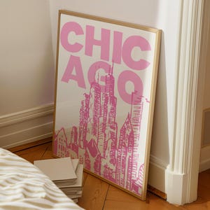 Chicago Poster Print, Pink City Wall Art, Trendy Travel Poster, Retro ...