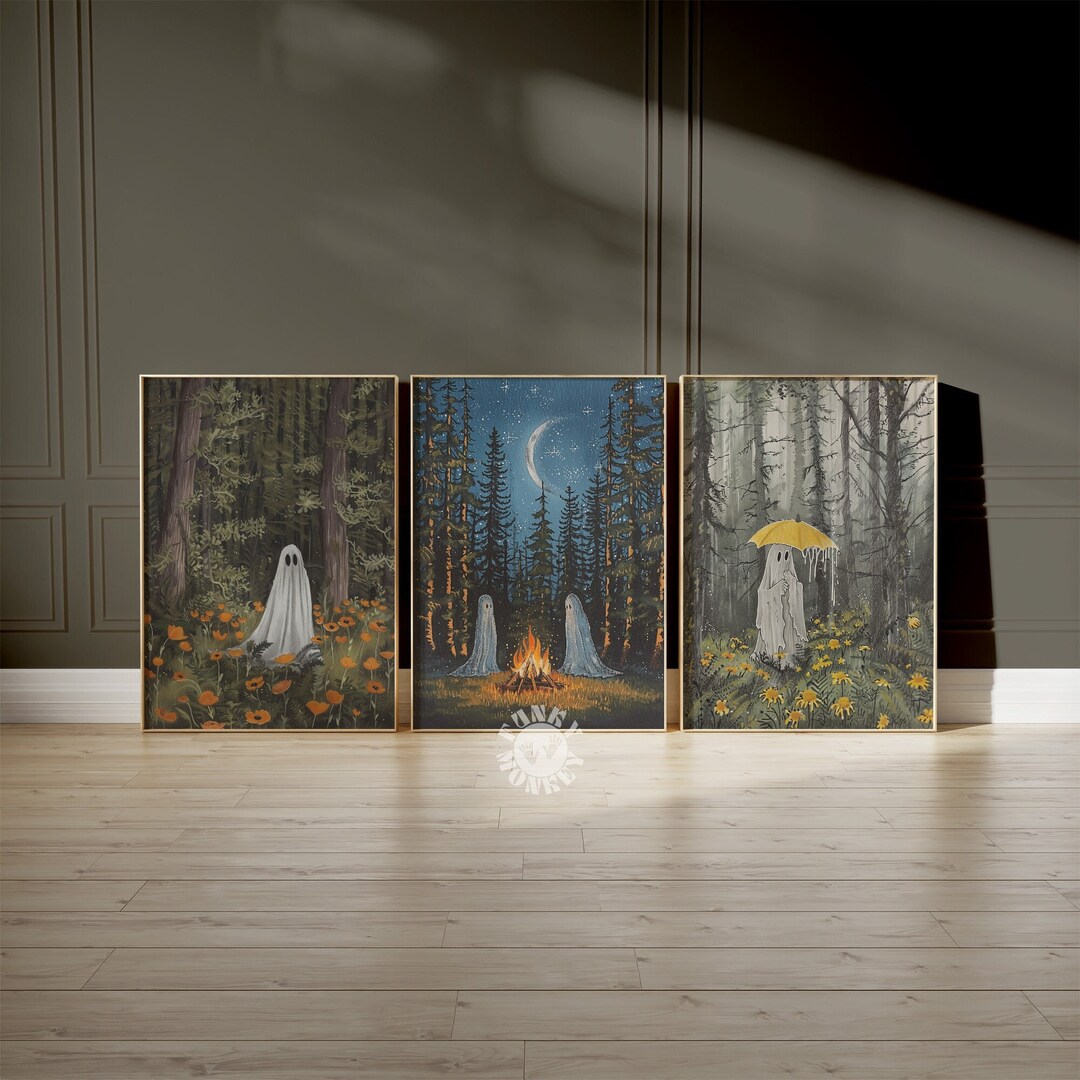 Ghost Wall Art Print Set of 3, Fall Halloween Printable Art, Cute ...