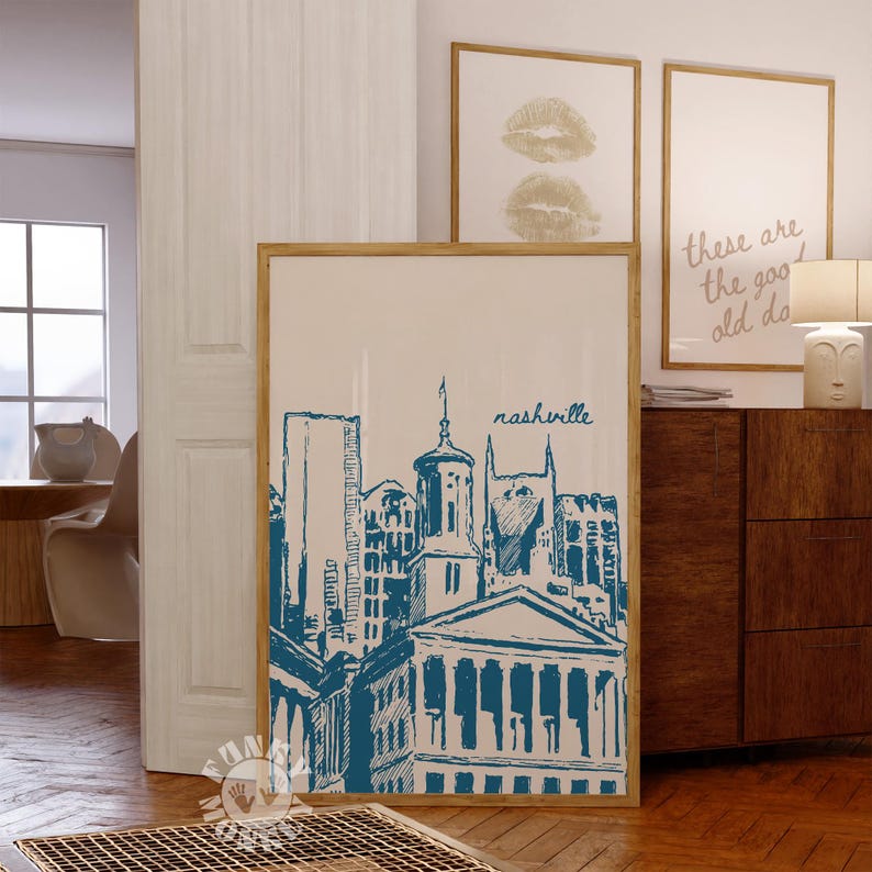 Nashville Print, Retro City Travel Poster, Navy Blue Trendy Wall Art ...