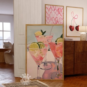 Summer Cocktail Print, Pink Bar Cart Art Print, Retro Bar Cart Decor ...