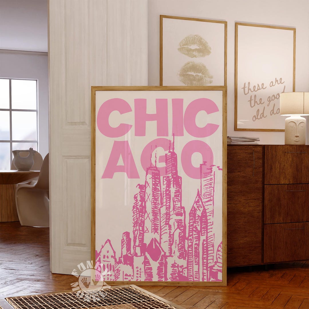 Chicago Poster Print, Pink City Wall Art, Trendy Travel Poster, Retro ...