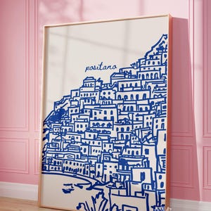 Positano Amalfi Travel Poster, Retro Italy Print, Navy Blue Trendy Wall ...