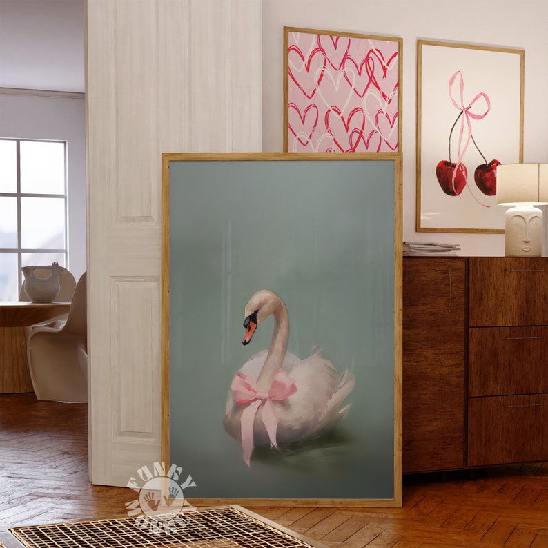 Swan With Pink Bow Art Print, Digital Print, Coquette Aesthetic, Swan ...