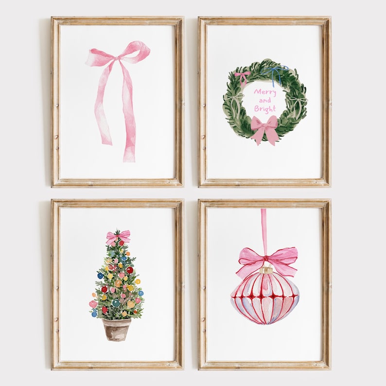 Pink Christmas Prints Wall Art Bundle, Trendy Holiday Printables ...