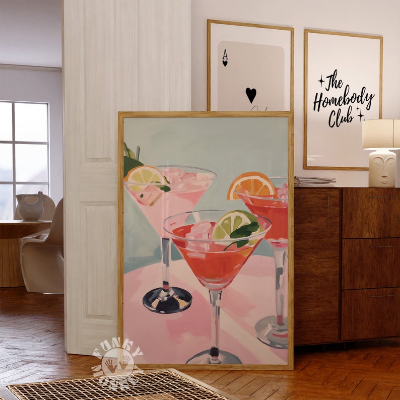 Summer Cocktail Print, Pink Preppy Bar Cart Art Print, Retro Bar Cart ...
