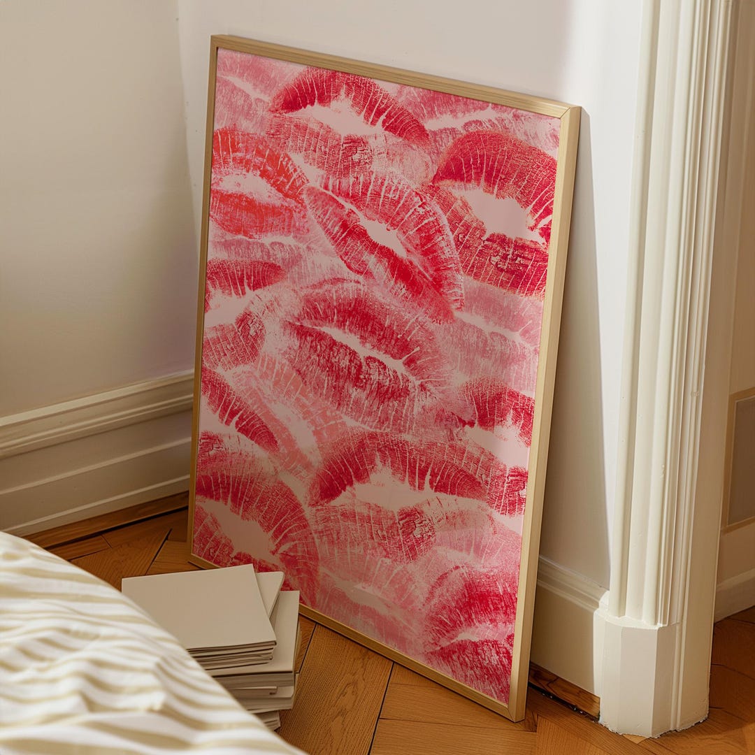 Retro Kiss Lips Wall Art, Red Pink Kisses Poster, Trendy Wall Art ...