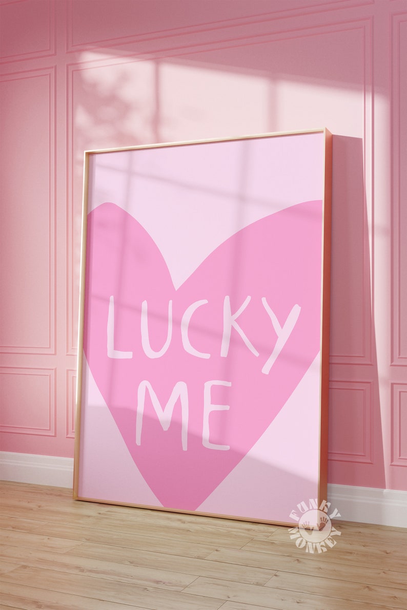Lucky Me Trendy Preppy Wall Art Print, Pink Red Heart Printable Poster ...
