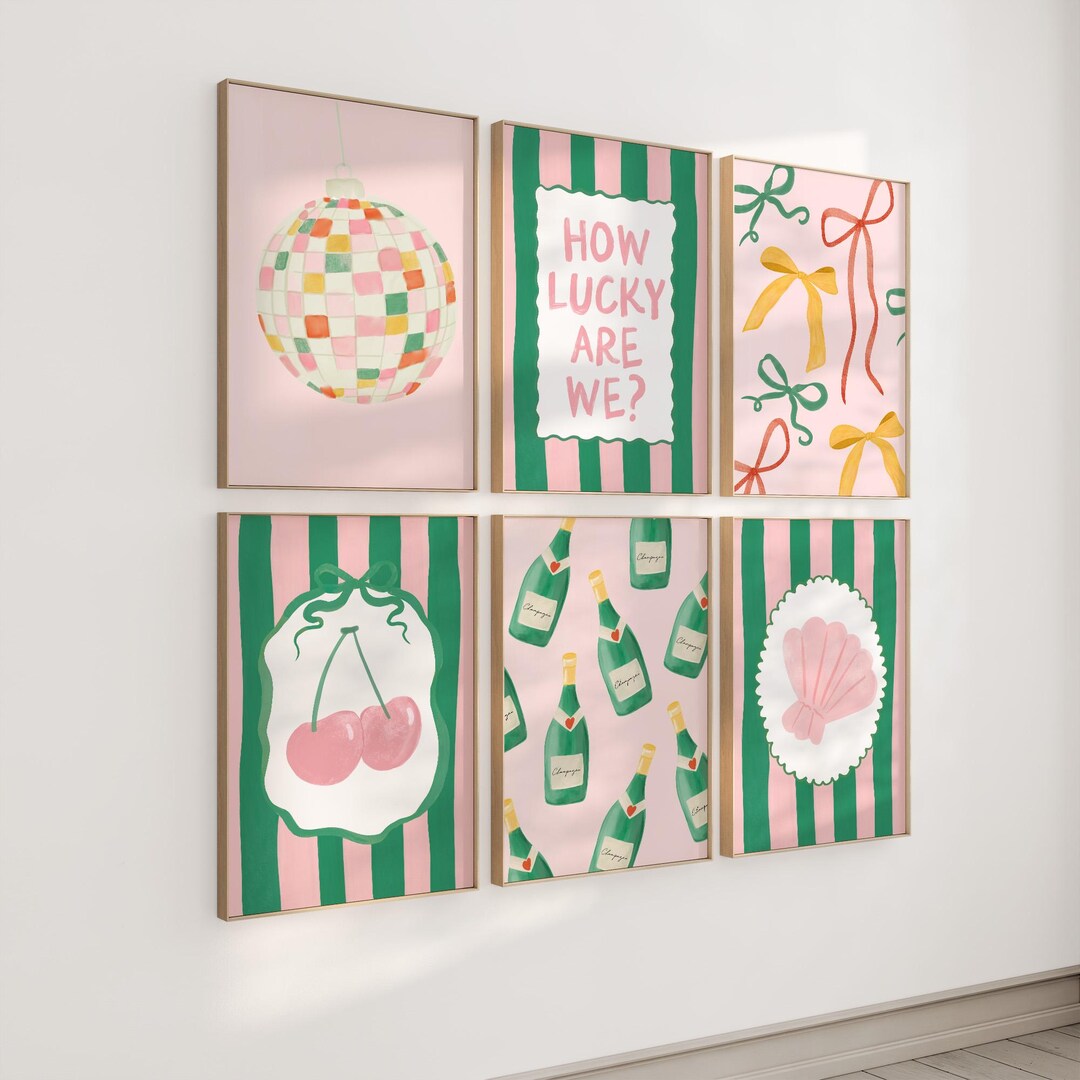 Trendy Prints Aesthetic Gallery Wall Set, Pink Green Girly Prints ...