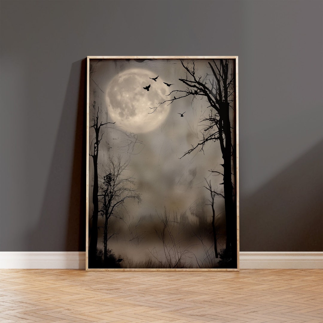 Spooky Full Moon Landscape Print, Eerie Halloween Decor, Gothic ...