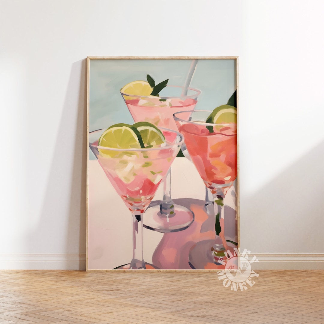 Summer Cocktail Print, Pink Bar Cart Art Print, Retro Bar Cart Decor ...