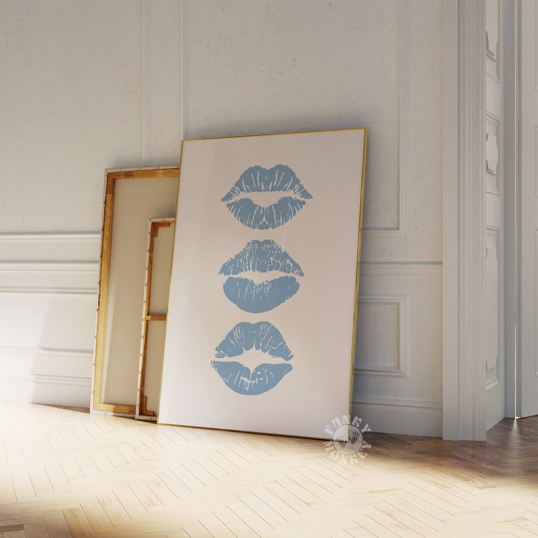 Blue Trendy Wall Art, Blue Kiss Lips Print, Digital Print, Preppy Room ...