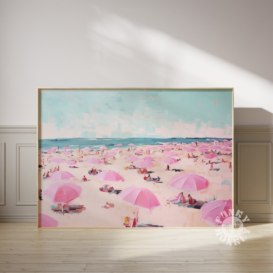 Vintage Beach Print, Pink Beach Umbrellas Painting, Printable Art ...