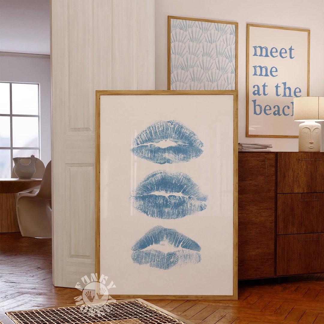 Blue Kiss Lips Wall Art, Kisses Print, Retro Lips Poster, Trendy Wall ...