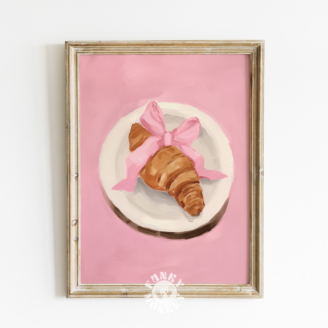 Pink Kitchen Print, Croissant With Pink Bow Digital Print, Coquette ...