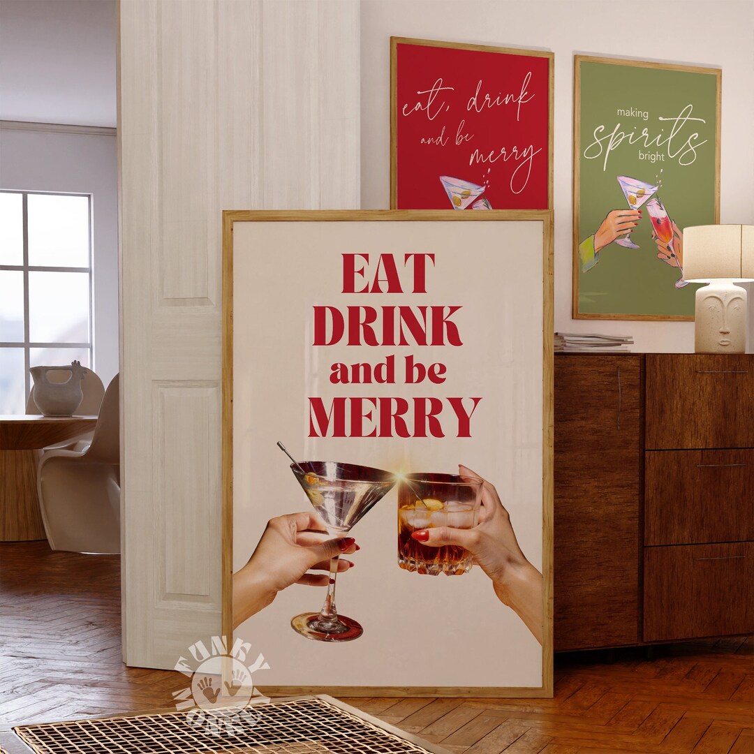 Holiday Bar Cart Print, Trendy Christmas Cocktail Wall Art, Eat Drink ...