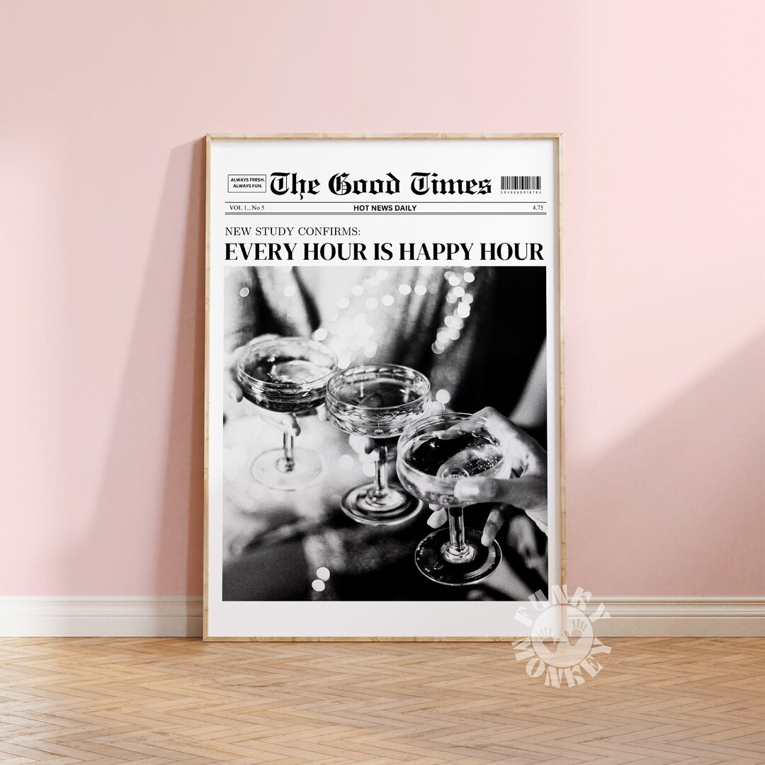 Happy Hours Newspaper Print, Trendy Wall Art, Headline Poster, Bar Cart ...