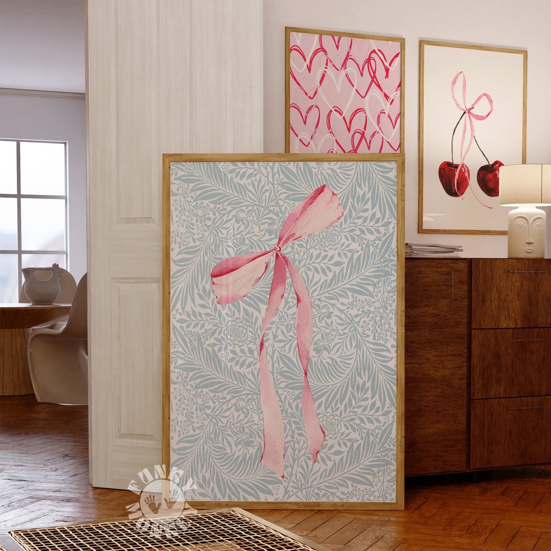 Pink Bow Print, Coquette Room Decor, Grandmillennial Aesthetic, Pink ...