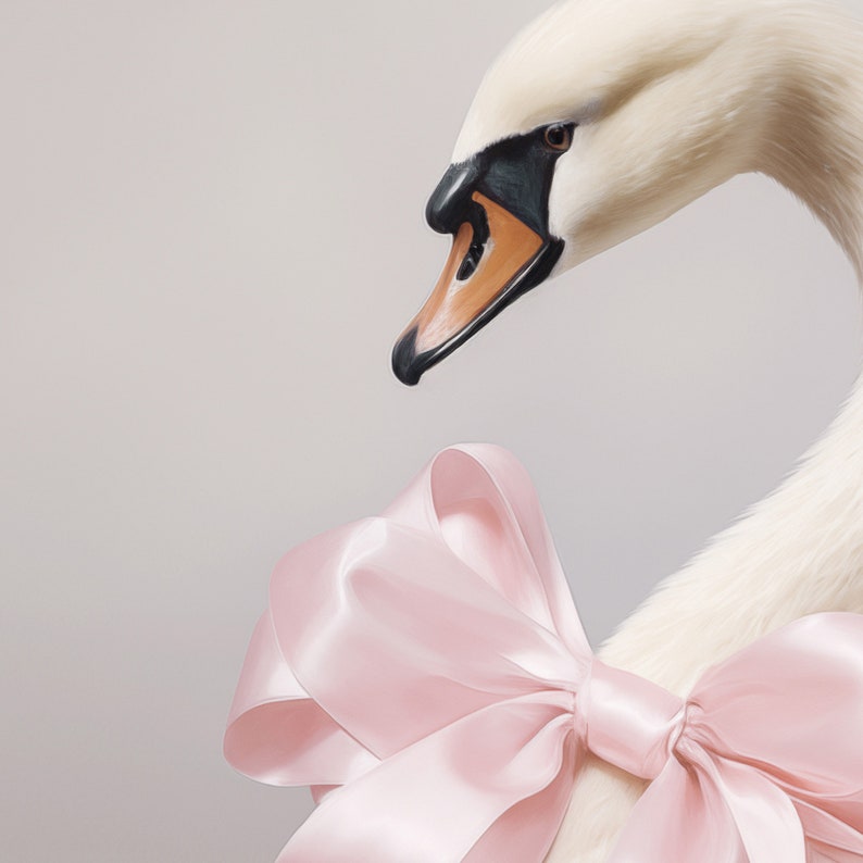 Swan Pink Bow Digital Print, Coquette Room Decor, Nursery Painting ...