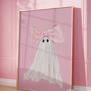 Pink Bow Ghost Wall Art Print, Halloween Decor, Preppy Trendy Printable ...