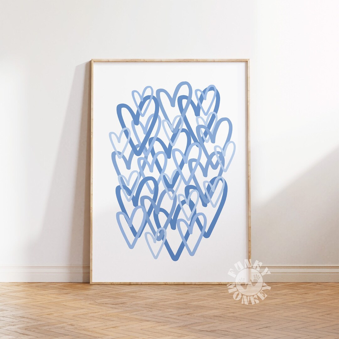 Blue Preppy Hearts Wall Art Print, Trendy Printable Poster Abstract ...