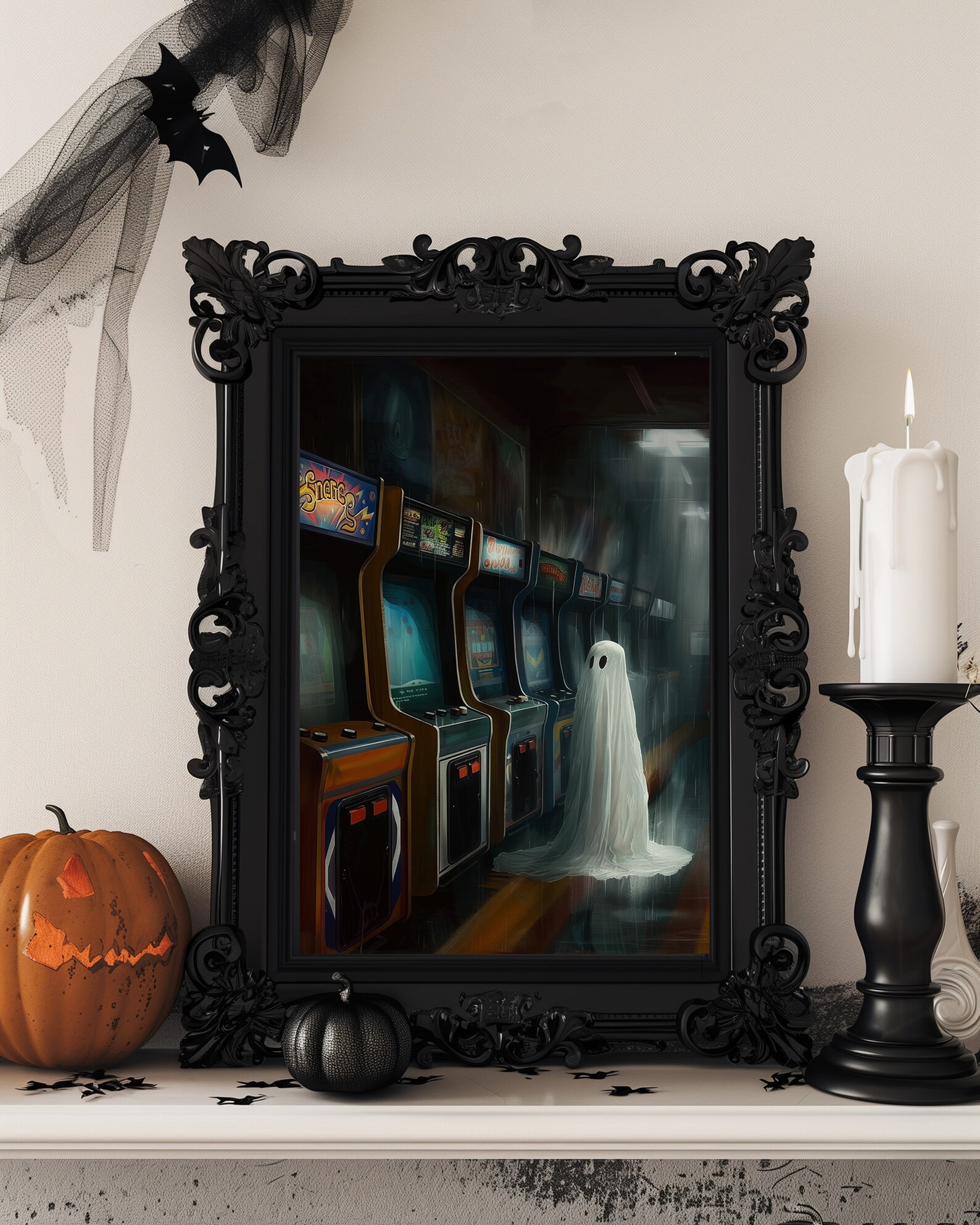 Ghost Art Print, Ghost in Retro Arcade Halloween Painting, Cute Ghost ...