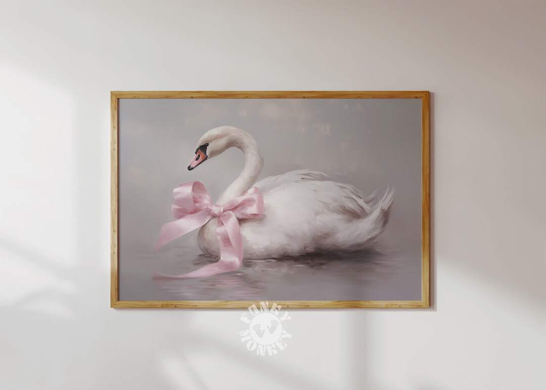 Swan With Pink Bow Print, Digital Prints, Coquette Room Decor, Vintage ...