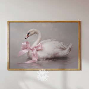 Swan With Pink Bow Print, Digital Prints, Coquette Room Decor, Vintage ...