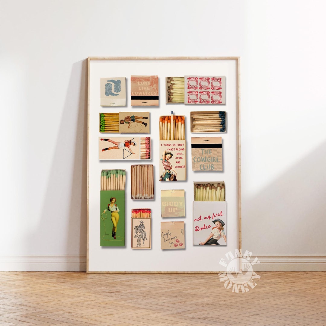 Vintage Matchbox Print, Retro Cowgirl Matches Poster, Trendy Western ...