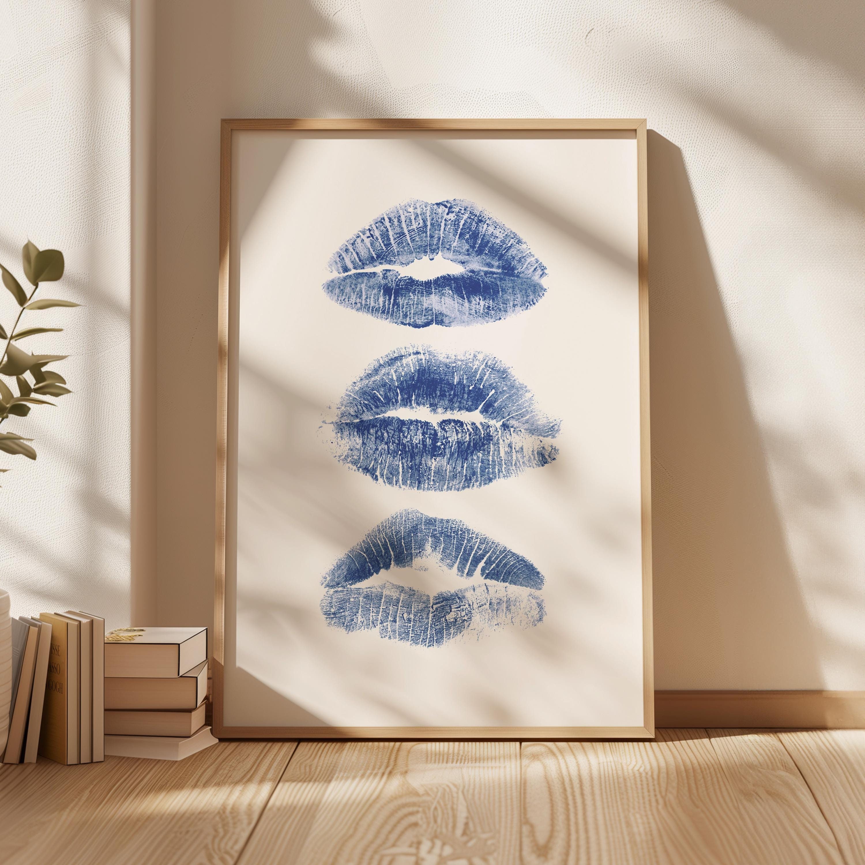 Navy Kiss Lips Print, Trendy Wall Art, Blue Lips Poster, Coquette Room ...