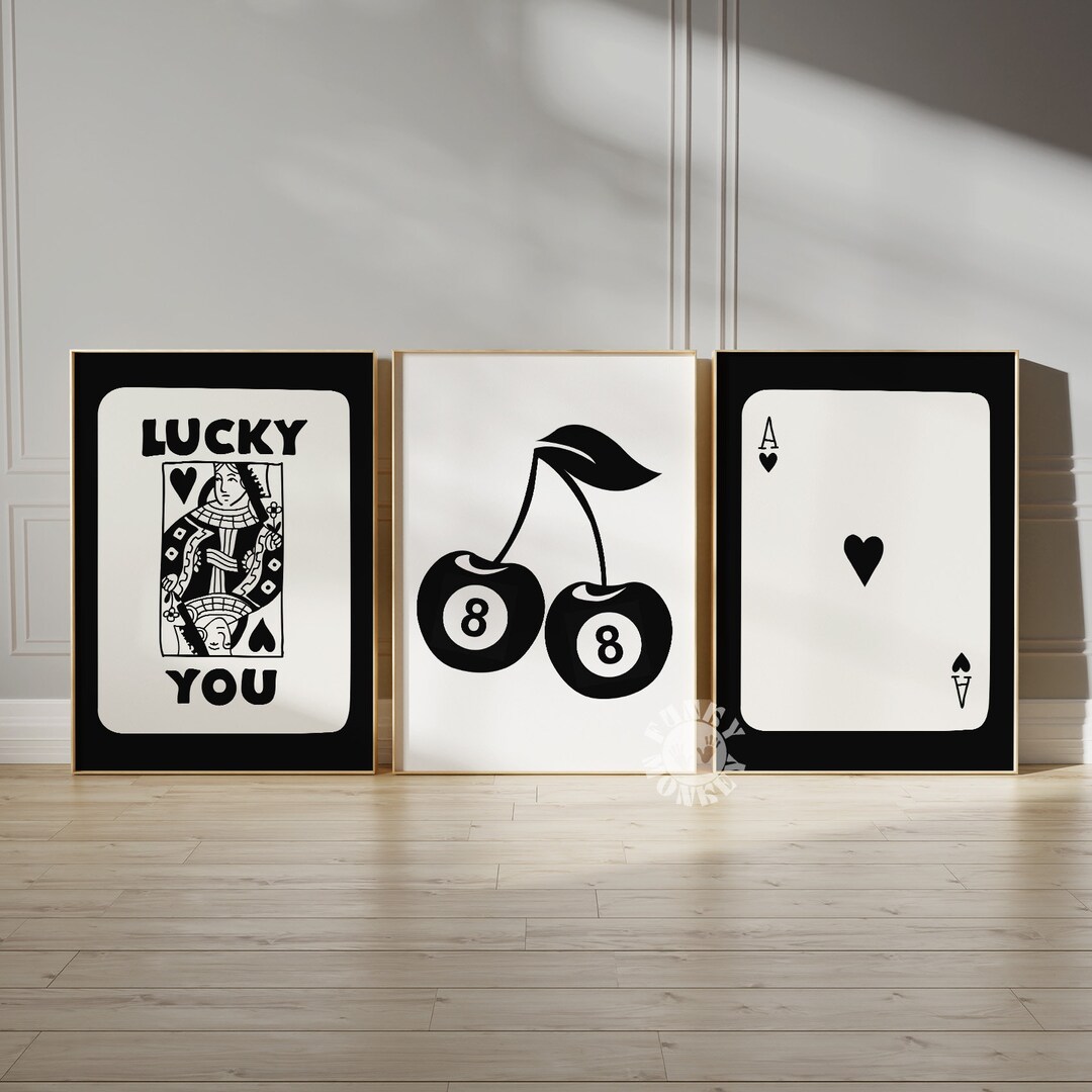 Set of 3 Lucky You Playing Card Prints, Trendy Wall Art, Retro Playing ...