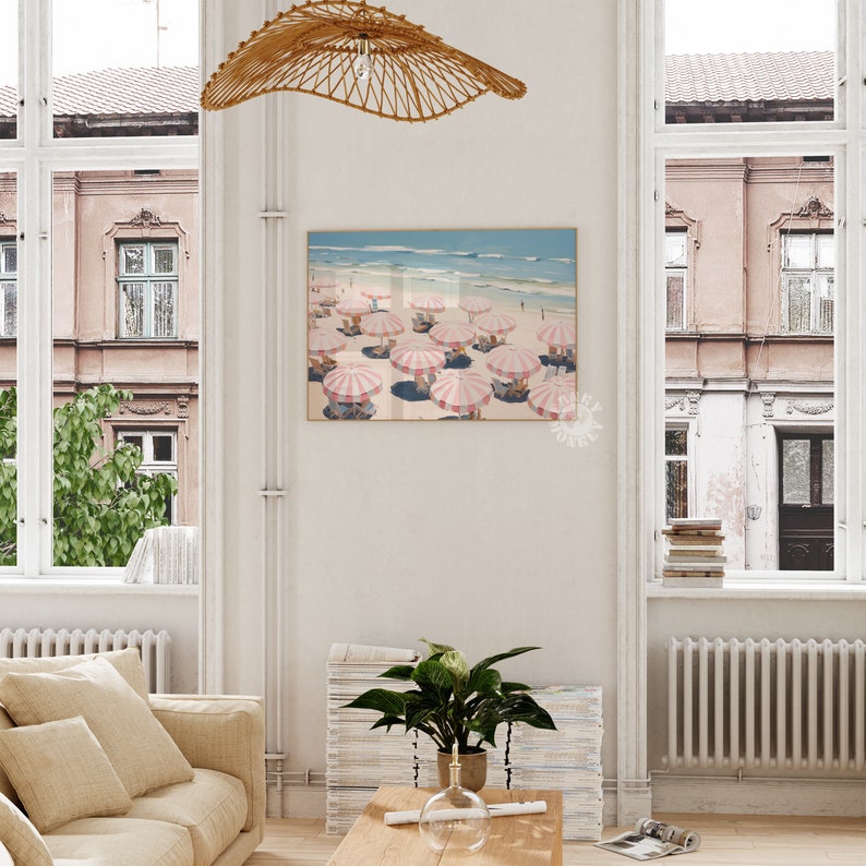 Beach Print, Retro Pink Umbrellas on Beach Girly College Apartment ...