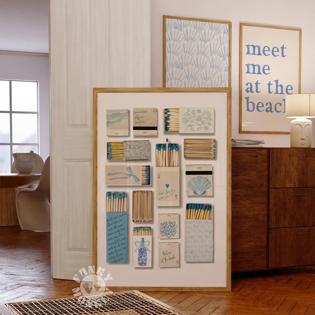 Matchbox Print, Blue Coastal Trendy Matches Poster, Vintage Retro ...