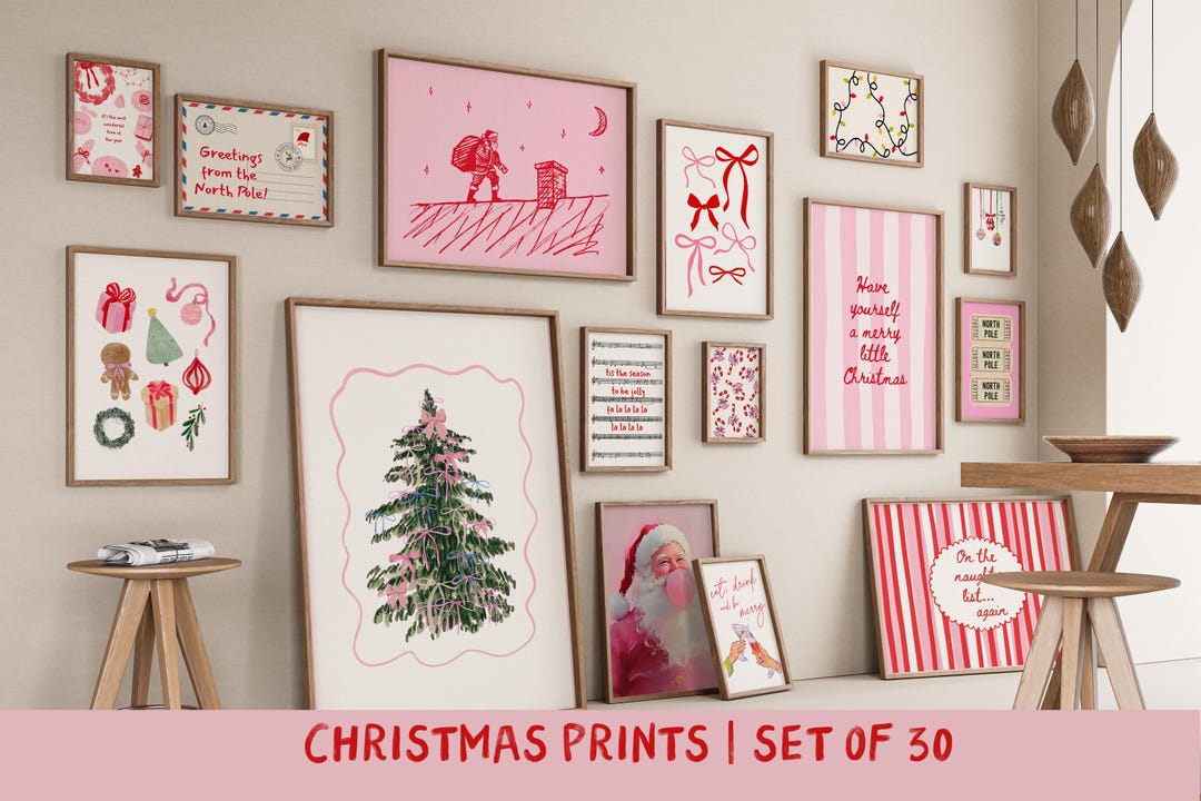 Pink Christmas Prints Wall Art Bundle, Trendy Holiday Printables ...