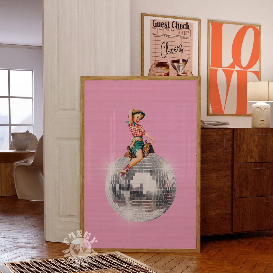 Disco Cowgirl Print, Retro Pop Art, Cowgirl Disco Ball Trendy Wall Art ...
