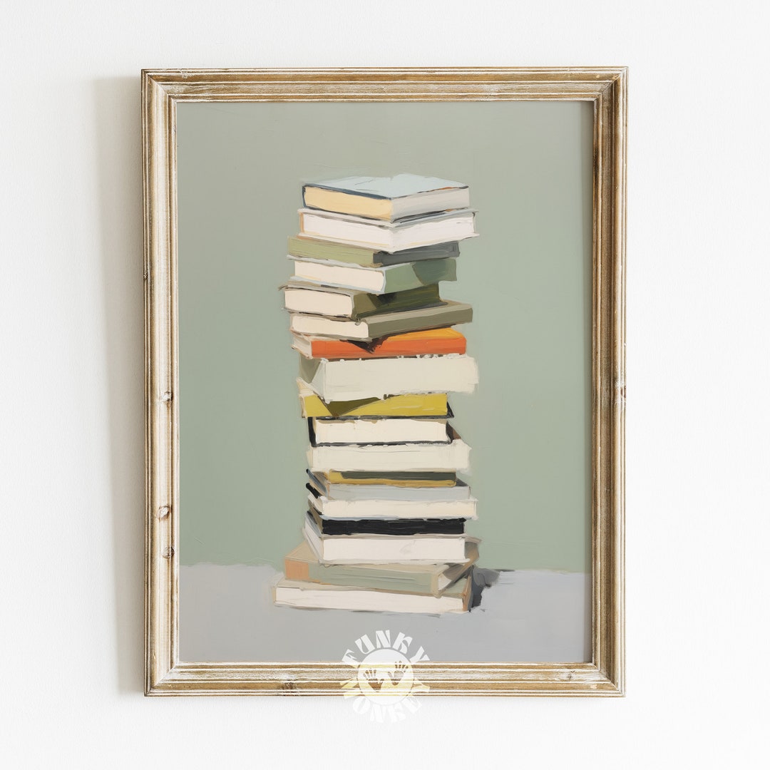 Stack of Books Painting, Sage Green Book Lover Print, Bookworm ...