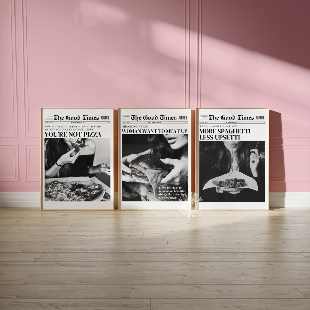 Trendy Newspaper Print Set of 3, Foodie Wall Art, Headline Poster Print ...