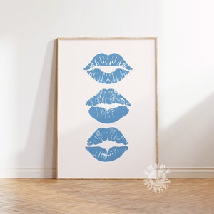 Blue Trendy Wall Art, Blue Kiss Lips Print, Digital Print, Preppy Room ...
