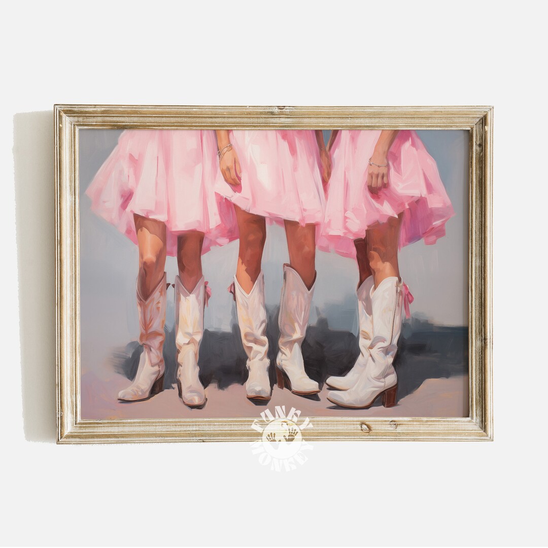 Pink Cowgirl Print, White Cowboy Boots With Pink Bows, Coquette Cowgirl ...