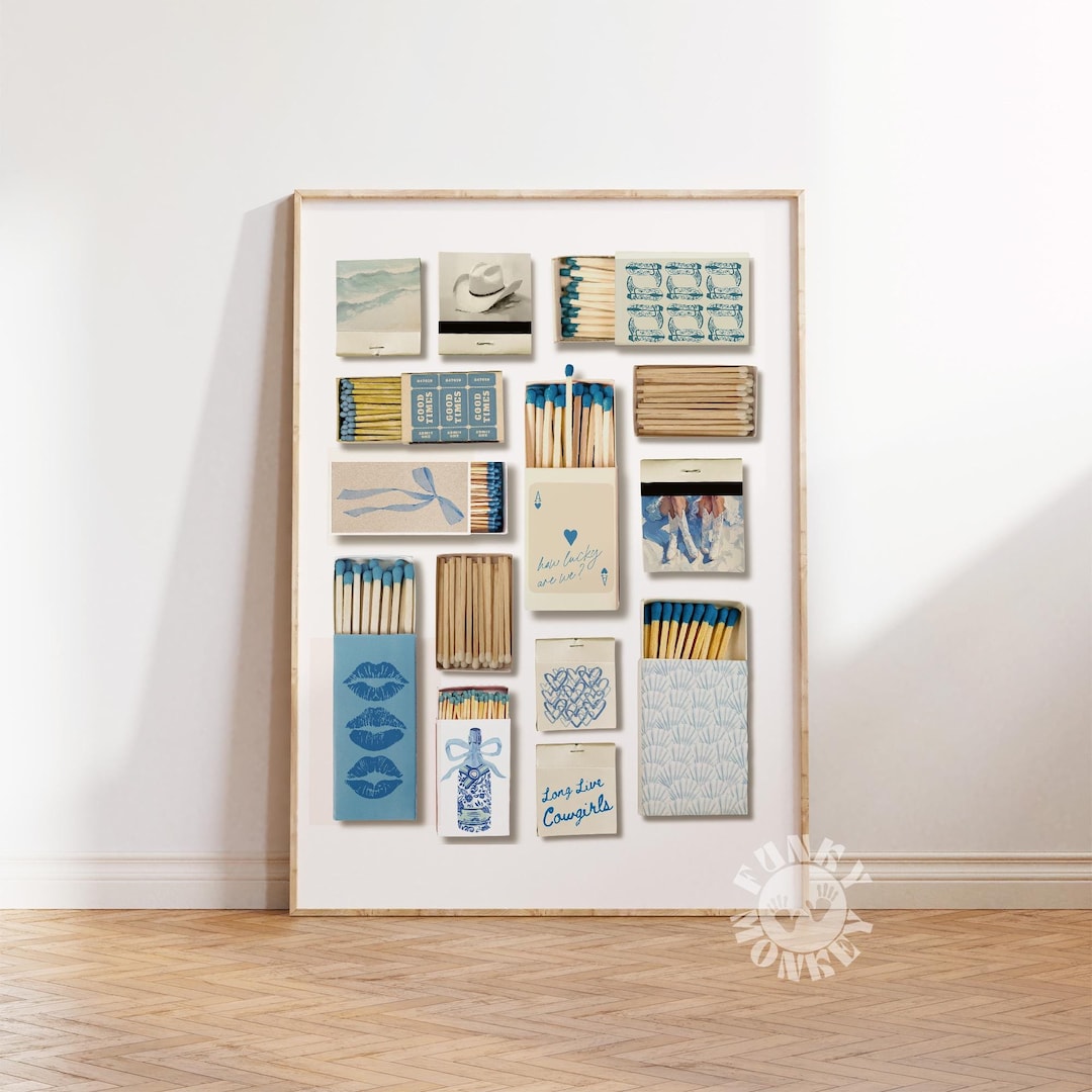 Matchbox Art Print, Blue Coastal Cowgirl Matches Poster, Trendy Vintage ...