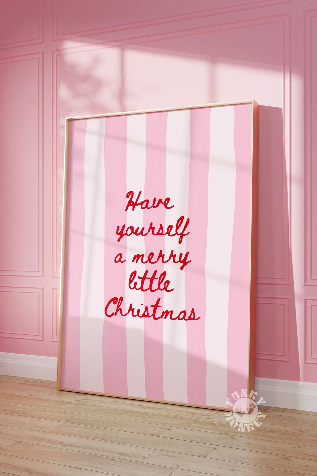 Merry Christmas Print, Trendy Pink Red Stripe Holiday Printable Wall ...