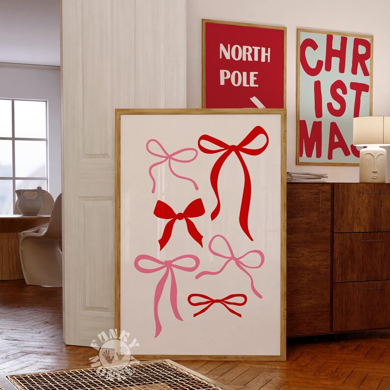 Christmas Bow Print, Girly Holiday Decor, Red Pink Bows Poster ...